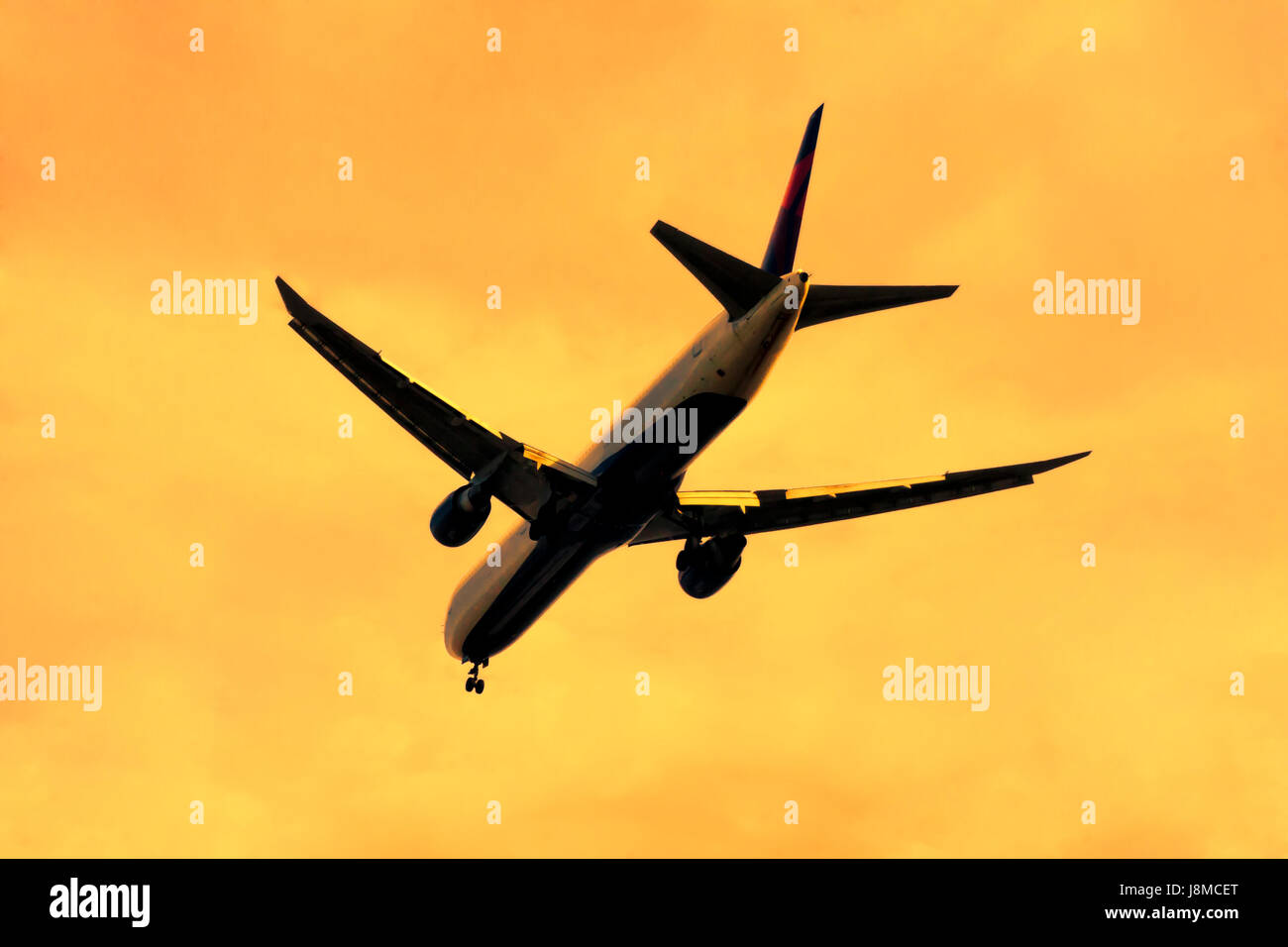 Airplane is landing at sunset Stock Photo - Alamy