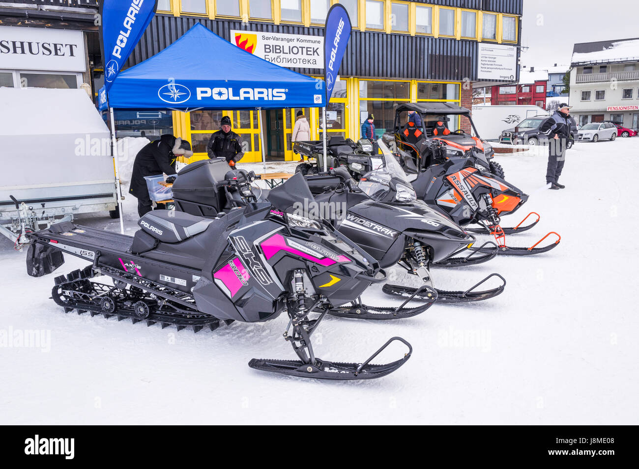 Exhibition of snowmobiles in Kirkenes, Finnmark County, Norway Stock ...