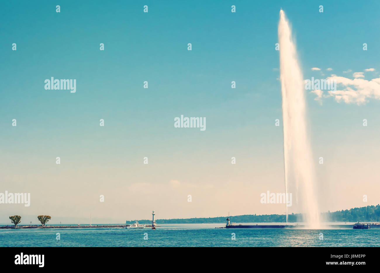 The Geneva Water Fountain, Switzerland with copyspace, vintage effect ...