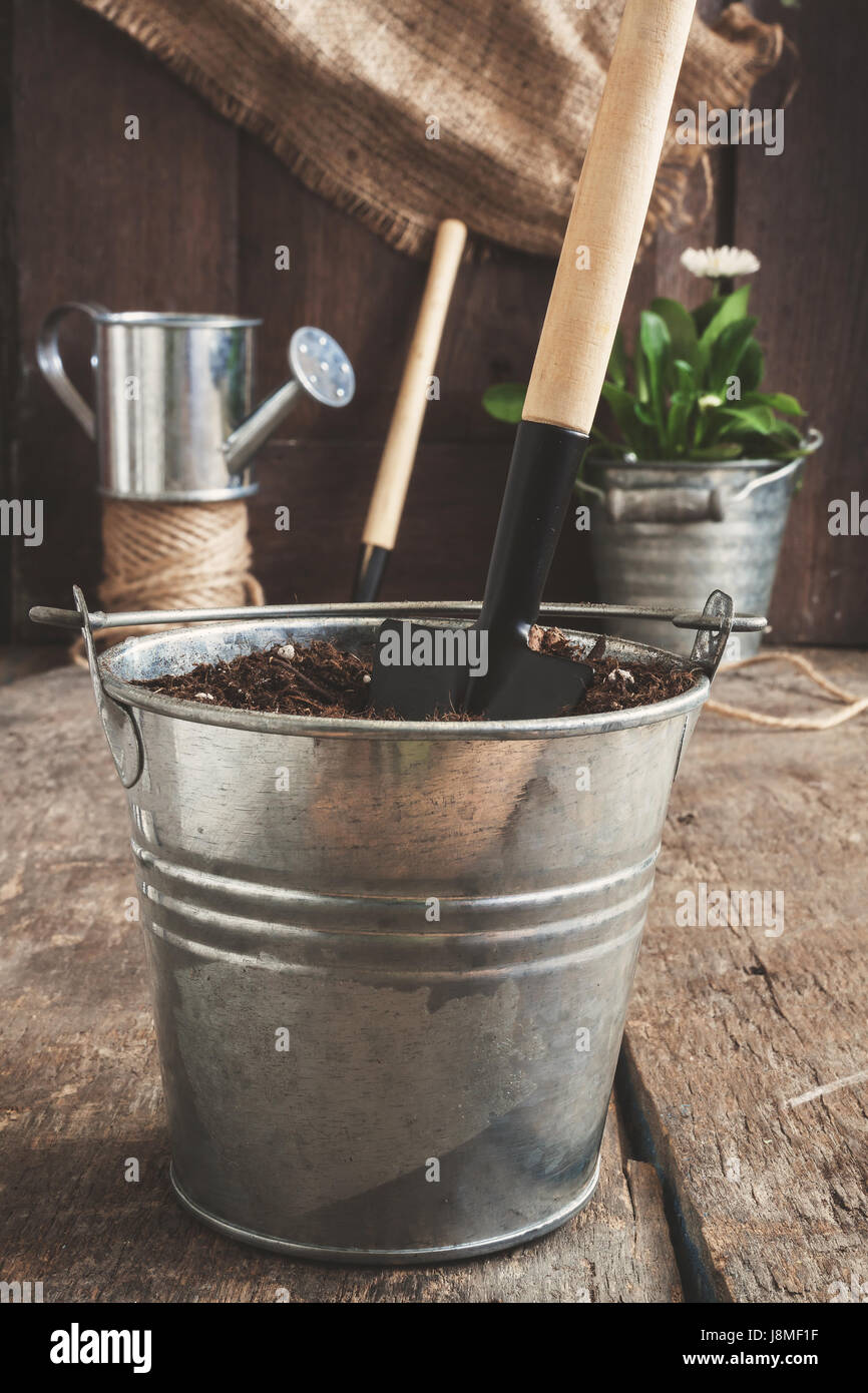 Garden tool, shovel, rake, watering can, bucket, tablets for plants ...