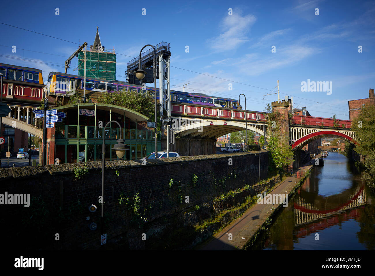 Sunny day, victorian cast iron railway bridges Castlefield on the ...