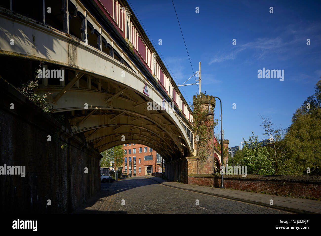 Sunny day, victorian cast iron railway bridges Castlefield on the ...