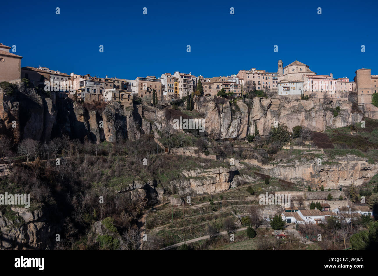 View to hanging houses of Cuenca old town. Example of a medieval city ...