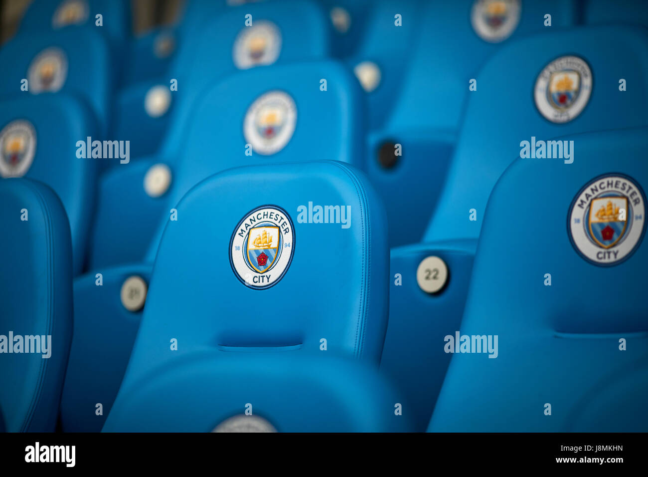 Manchester City Etihad Stadium posh seats with round logo Stock Photo ...