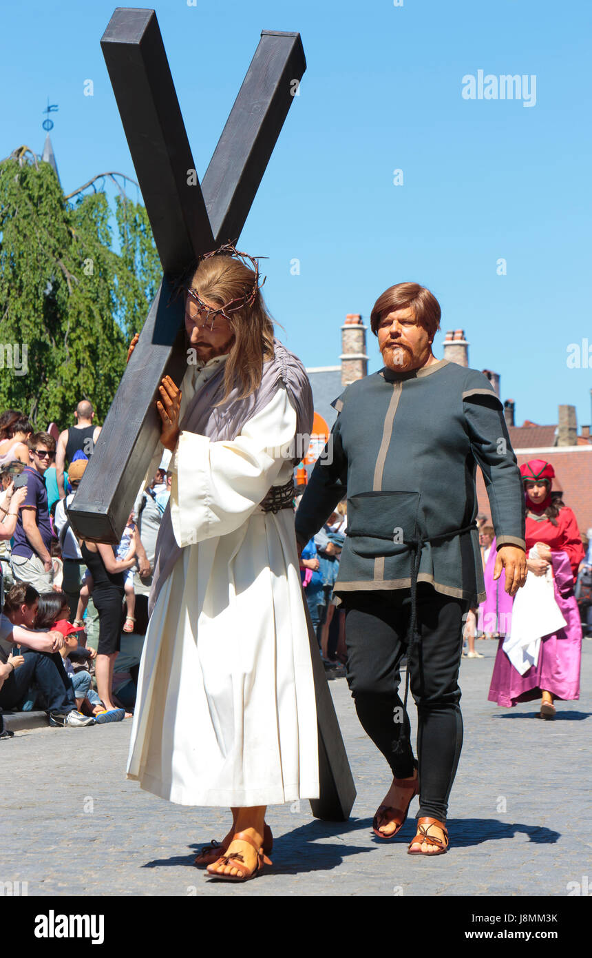 Jesus Christ carrying his wooden cross during the Procession of the ...