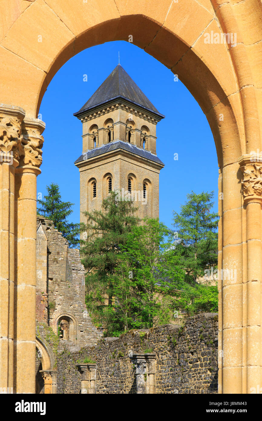 The bell-tower of Orval Church (1948) amidst the 12th-century ruins of ...