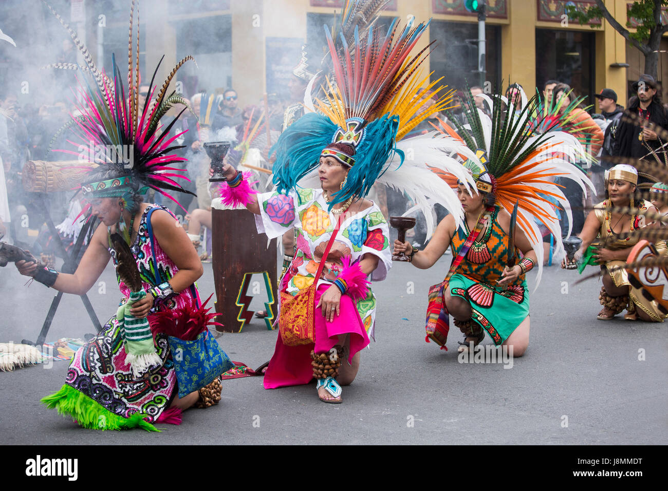 Members of Xiuhcoatl Danza Azteca dance troupe performing ceremony at ...