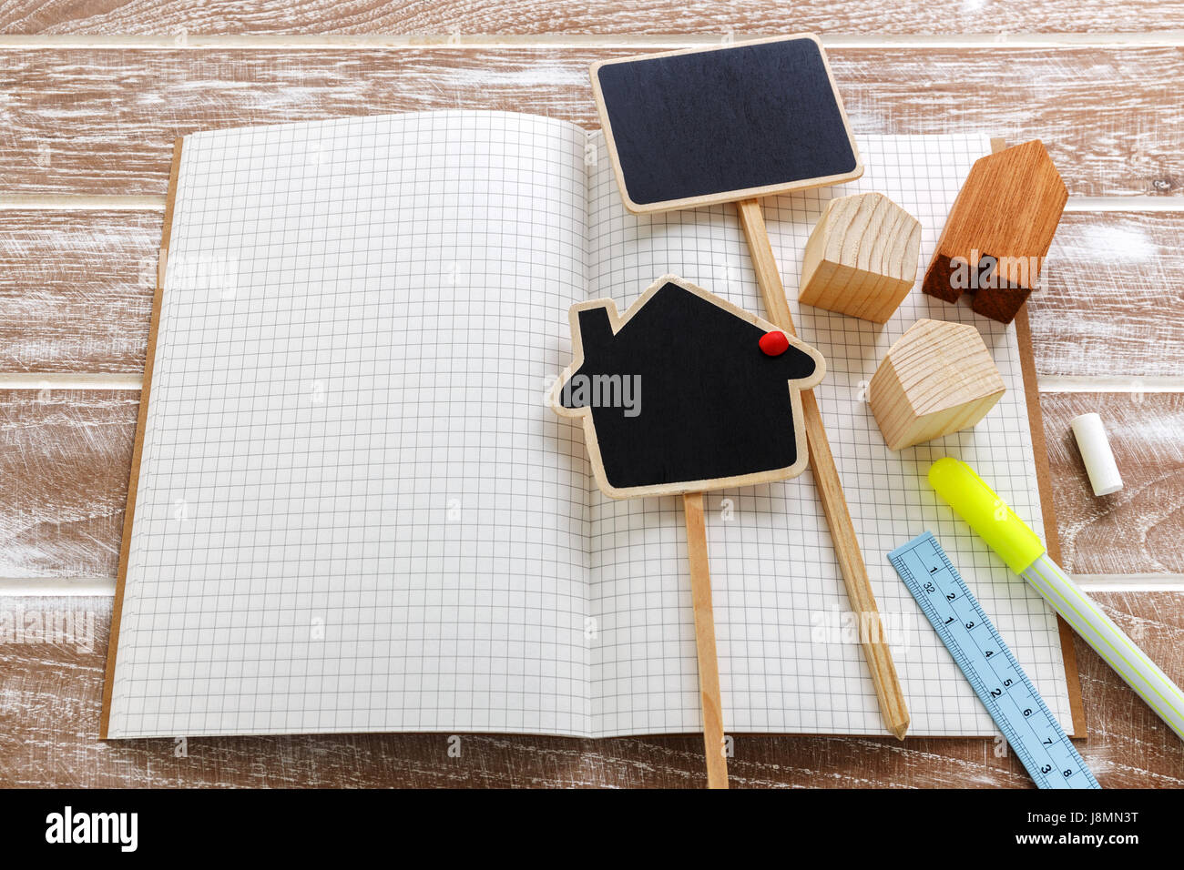 House sale and rent sign with blank notebook and house model on work ...