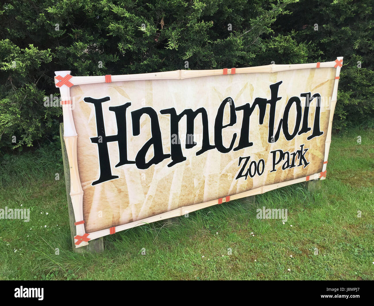 A general view of a sign at the entrance of Hamerton Zoo Park near ...