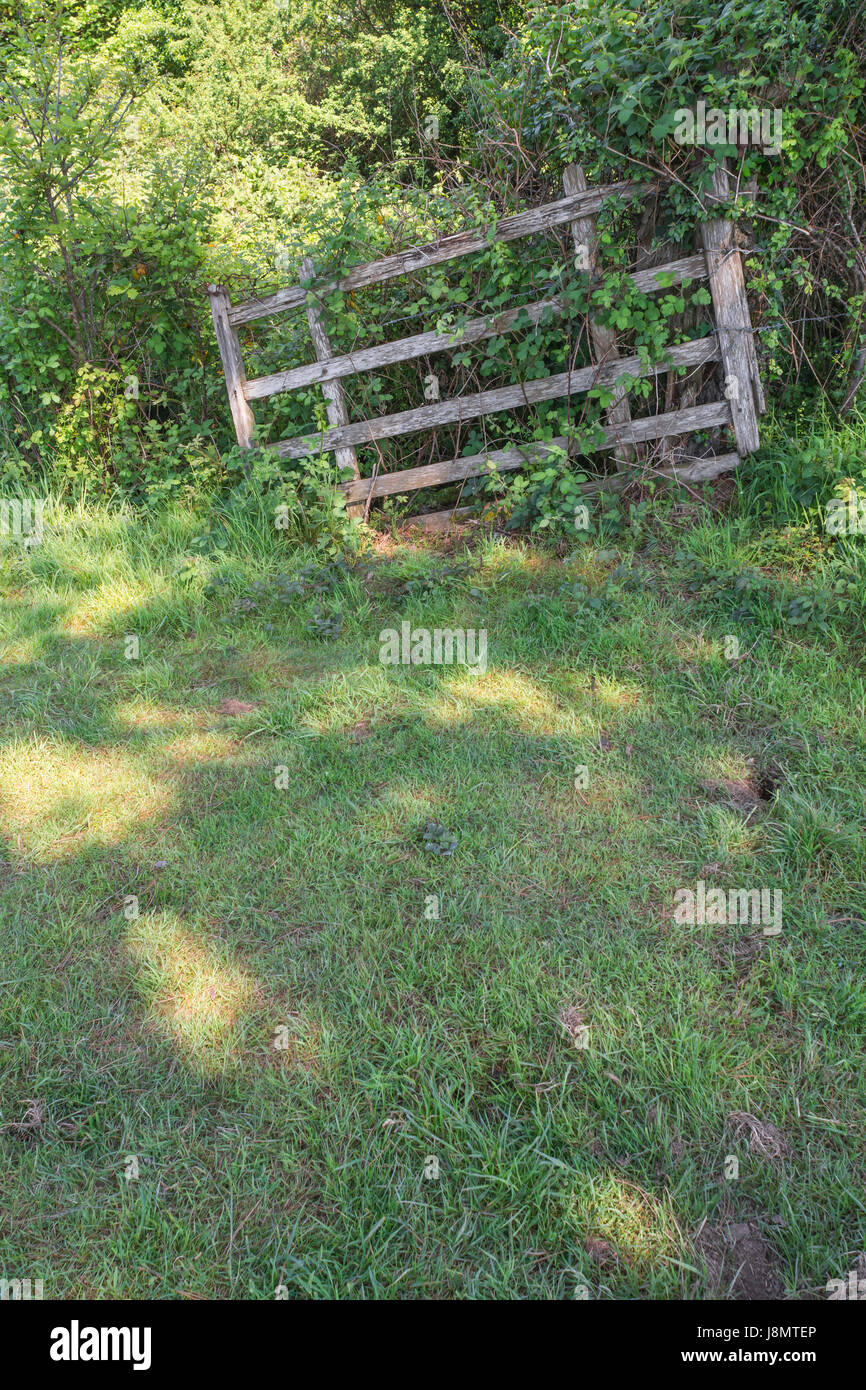 Dilapidated open wooden field gate - possible metaphor for 'no ...