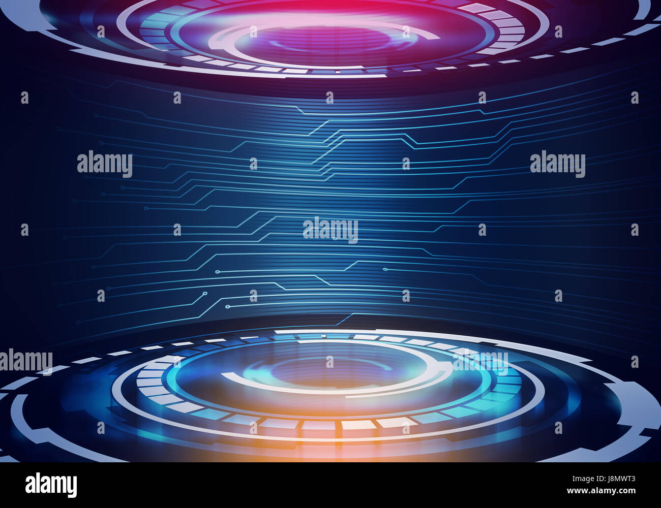 Abstract digital illustration of futuristic round interior with two ...