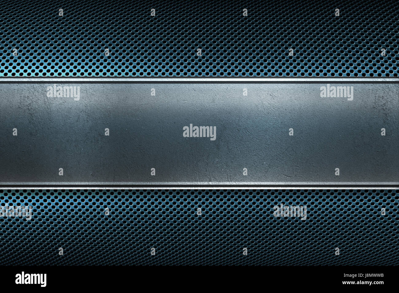 Abstract modern blue colored perforated metal plate with polished metal ...