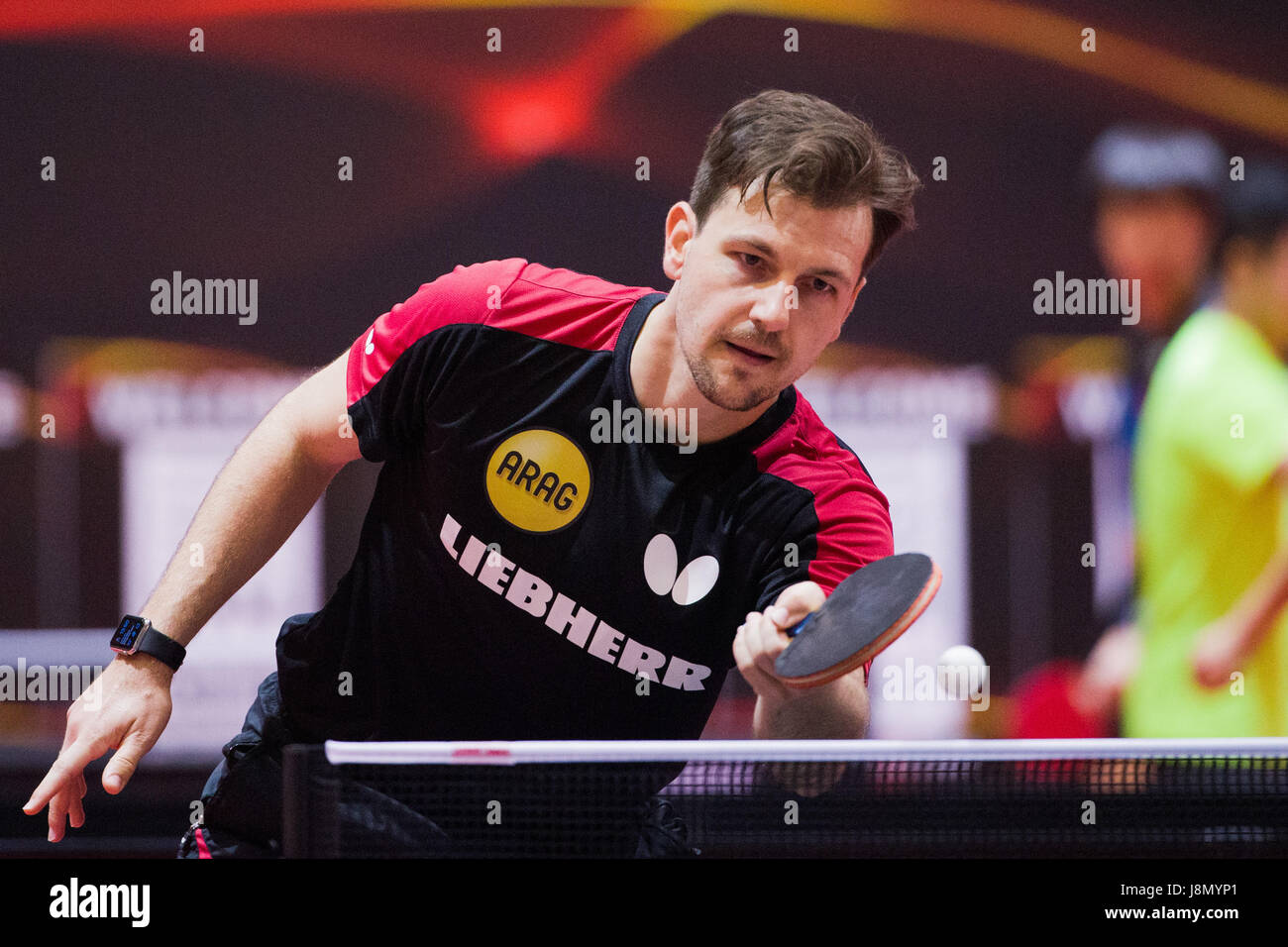 Duesseldorf, Germany. 29th May, 2017. Timo Boll from Germany plays the ...
