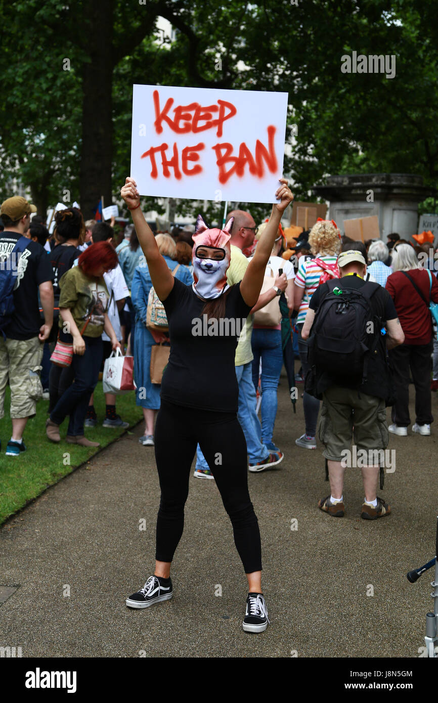 London, UK. 29th May, 2017. A protestor wearing a foxy face mask holds ...