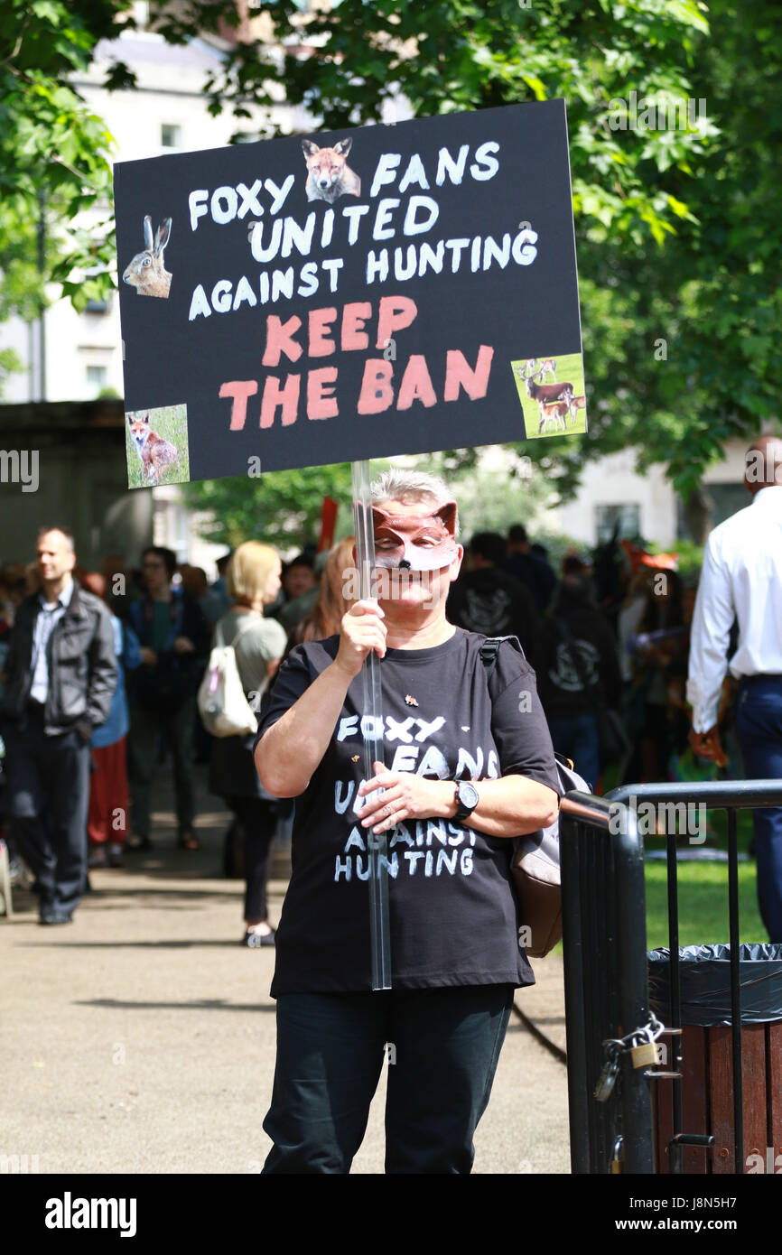 London, UK. 29th May, 2017. A protestor holding a Keep the Ban placard ...