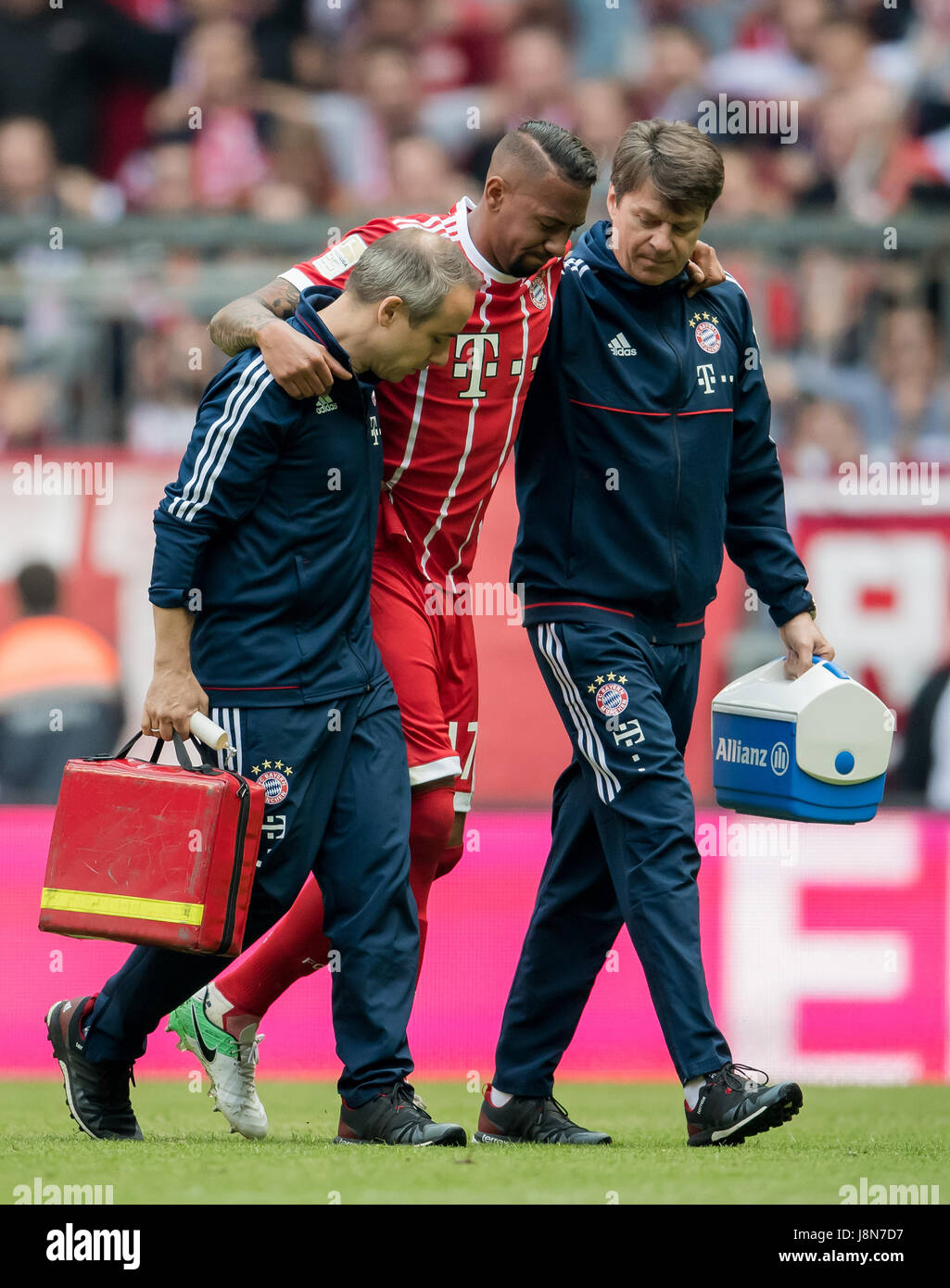 Munich, Germany. 20th May, 2017. Munich's Jerome Boateng leaves the ...
