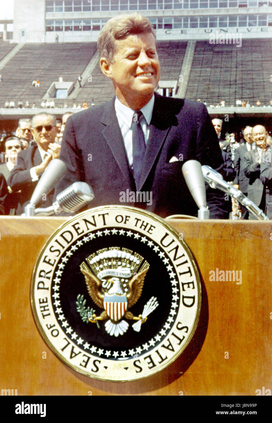 United States President John F. Kennedy speaks before a crowd of 35,000 ...