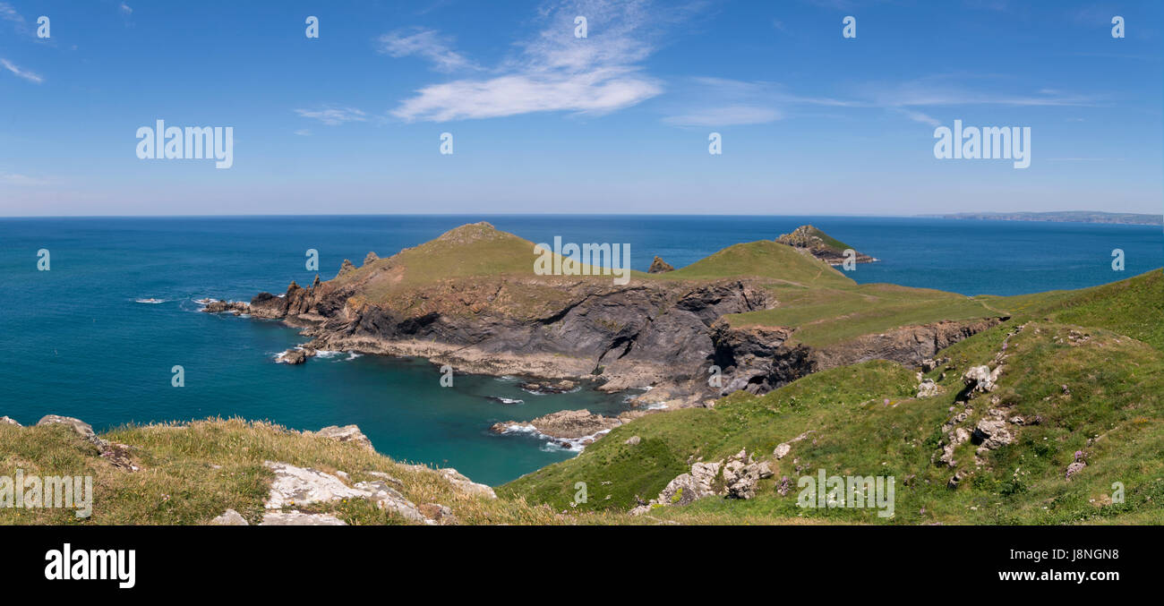 panoramic view of the rumps at pentire point on the north Cornwall ...