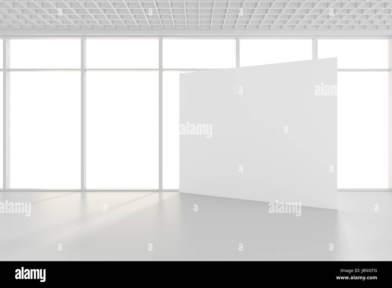 Blank white billboard in empty room with big windows, mock up, 3D ...