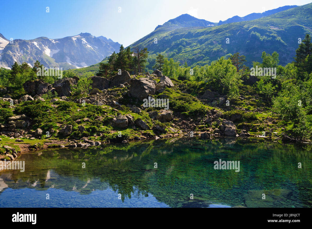 Mountain Lake in the highlands of the Caucasus. The water displays ...