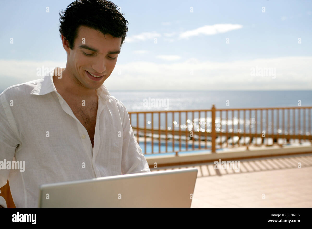 balcony, email, deck, boy, lad, male youngster, computers, computer ...