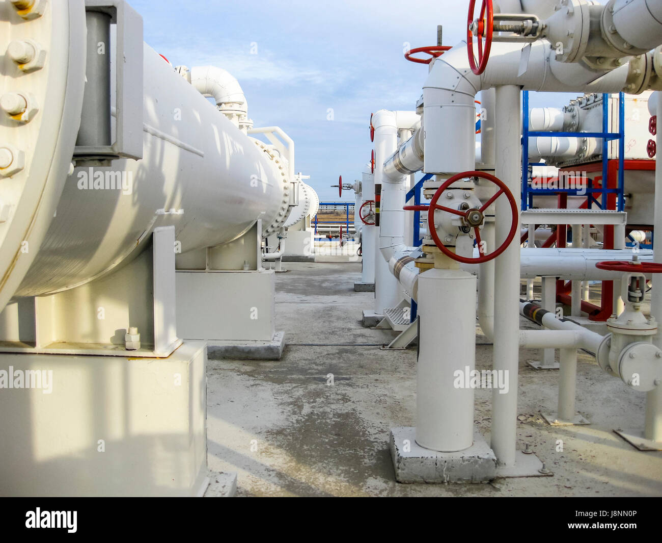 Heat exchangers in a refinery. The equipment for oil refining Stock ...