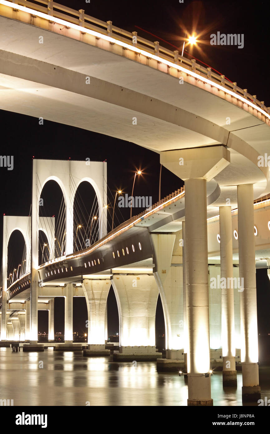 traffic, transportation, bridge, night, nighttime, landmark, macau ...