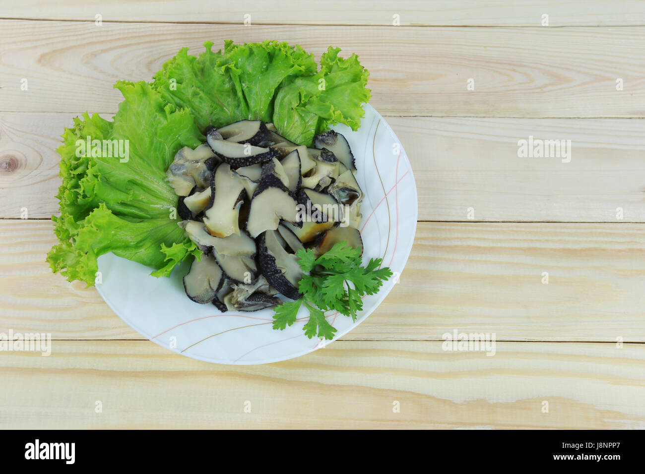 Shellfish of seashell is seafood in white dish and green Lettuce on ...