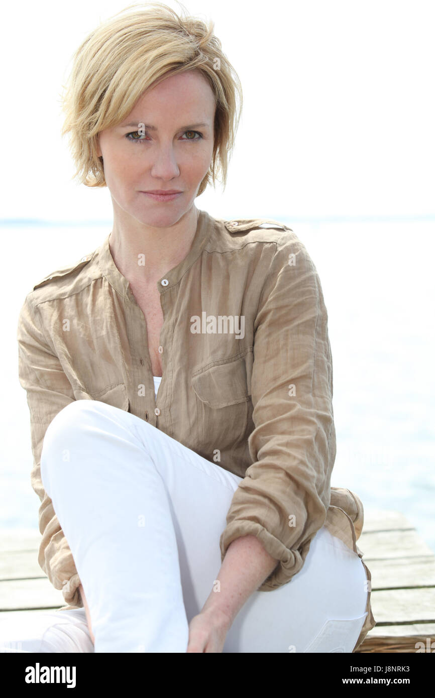 woman, female, outside, put, sitting, sit, facilitate, ease, resting ...