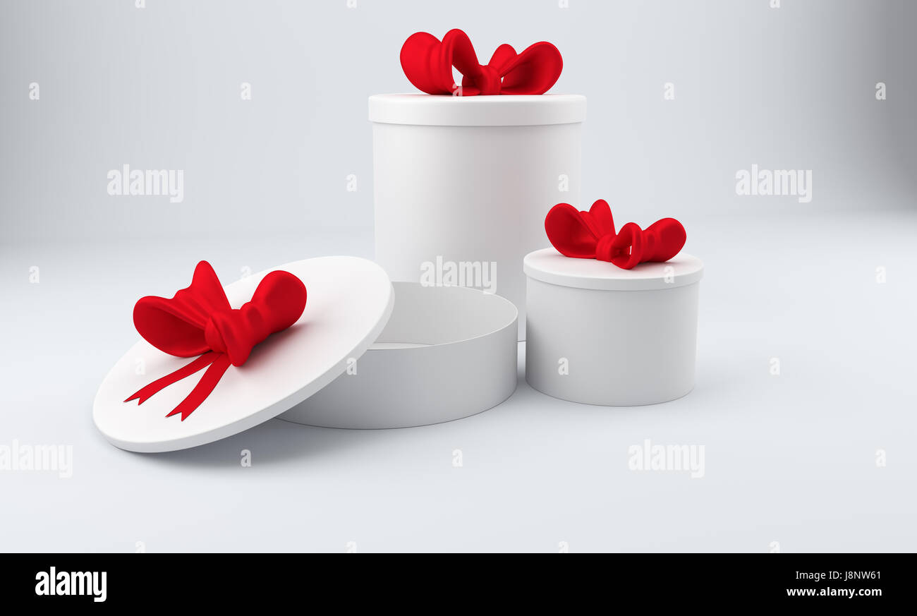 Three blank 3D round gift boxes with red bow over gray background. 3D ...