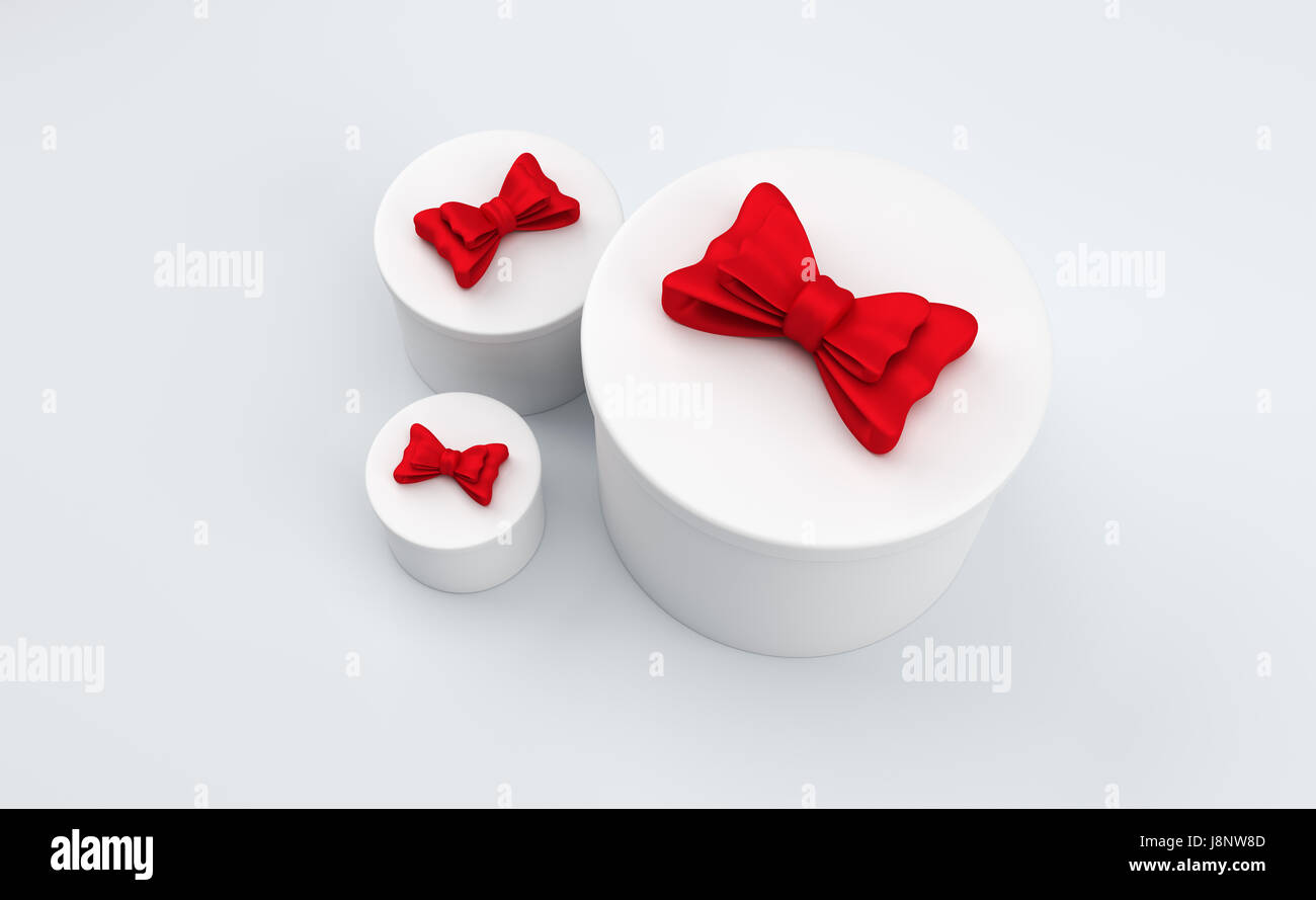 Three blank 3D round gift boxes with red bow over gray background. 3D ...