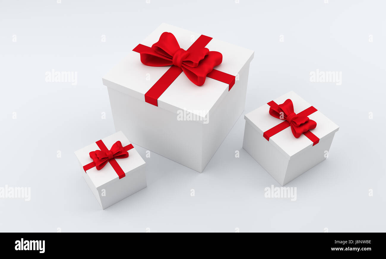 3D square gift box with red bow. Three white boxes with ribbon. 3D ...