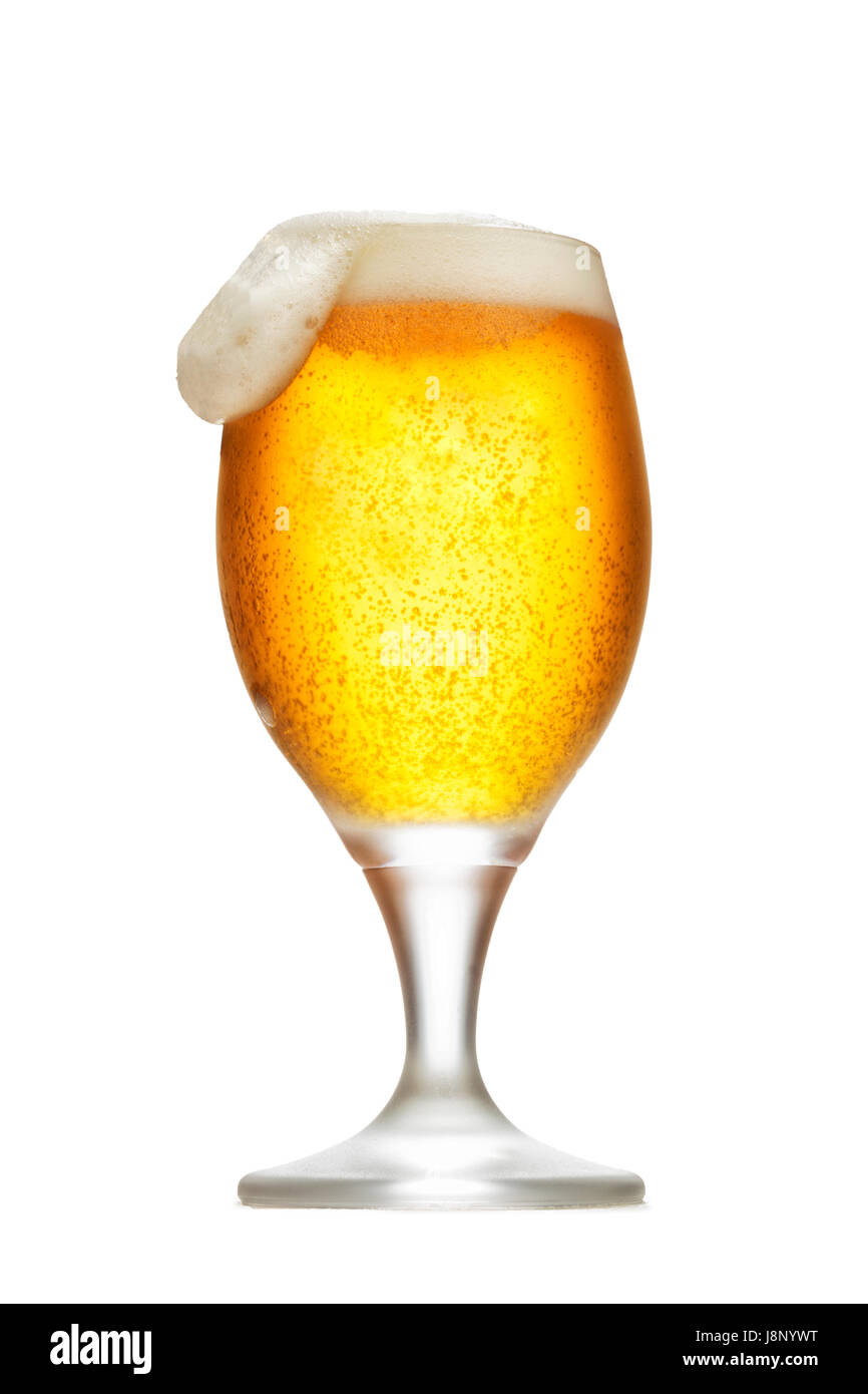 Glass of beer with foam falling to the left side isolated on white ...