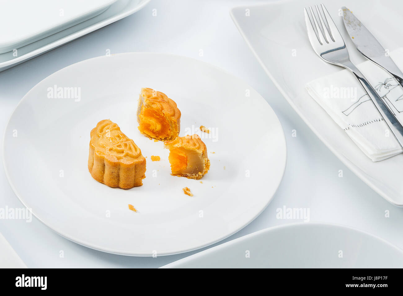 Delicious Chinese Traditional Snack, Mooncake with White Plates on the ...