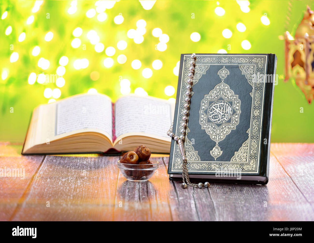 Islam Religion Traditional Objects over Green Defocused Lights, Ramadan ...