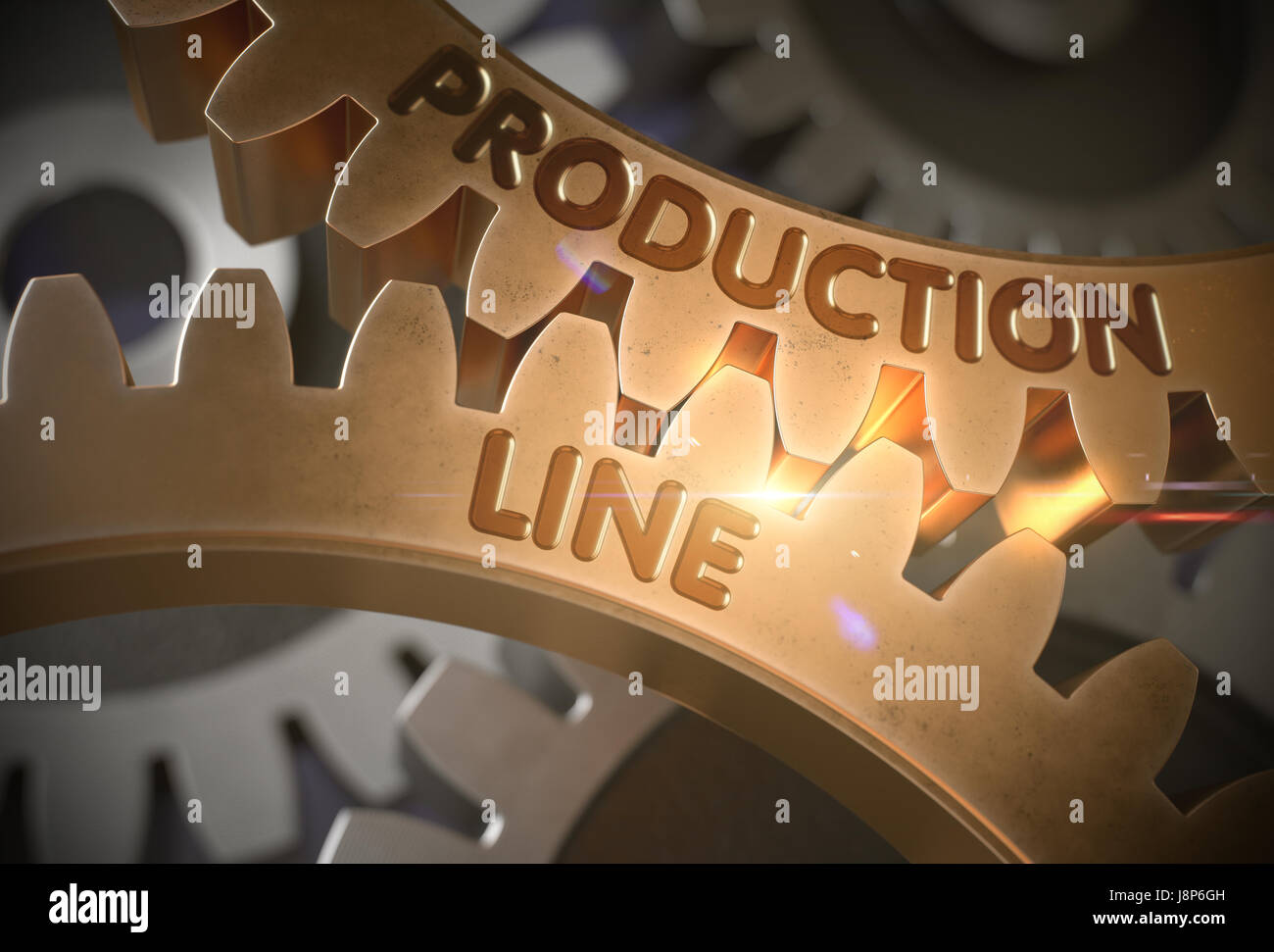 Production Line on the Golden Gears. 3D Illustration Stock Photo - Alamy