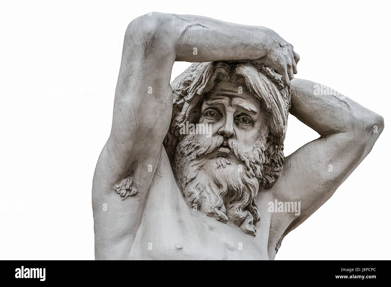 Funny sad face of an ancient man sculpture isolated on white background ...