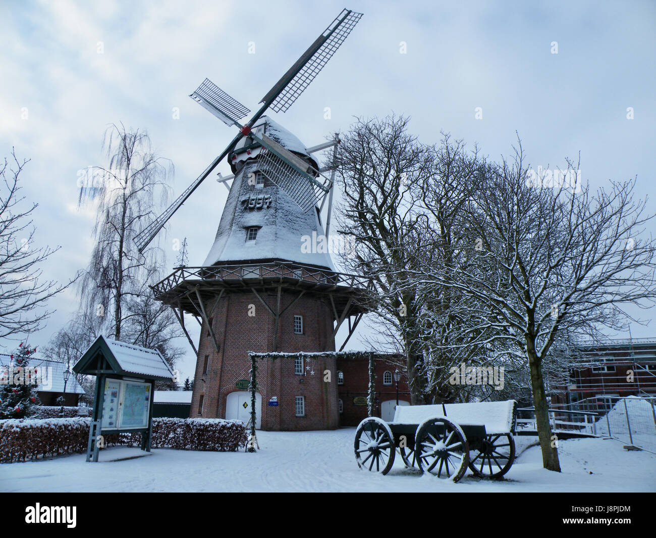 winter, town hall, windmill, snow, cart, backdrop, background, winter ...