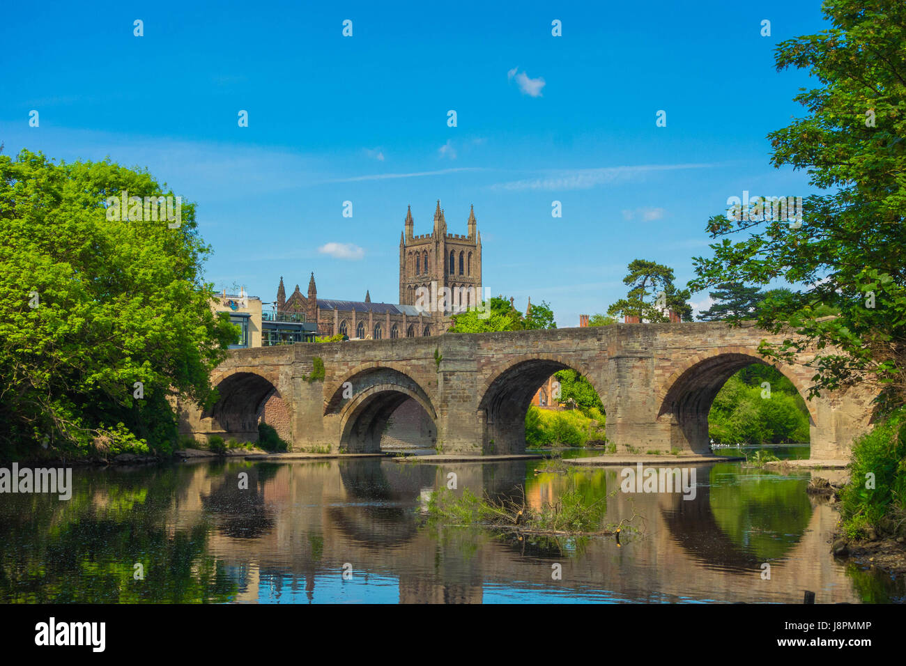 Hereford cathedral and the Old Wye river bridge Hereford UK 2017 Stock ...