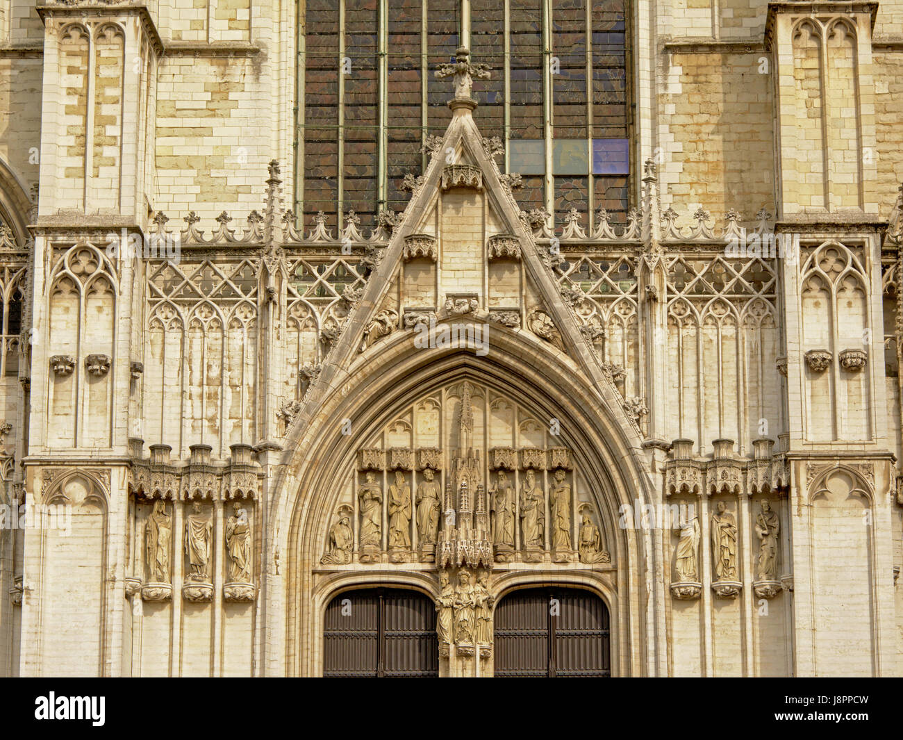 Detail of the ornate French Gothic architecture of Brussels Saint ...