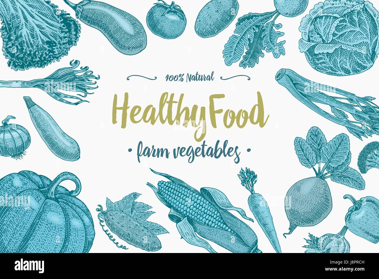 Fresh vegetables background with space for text, hand drawn or engraved ...