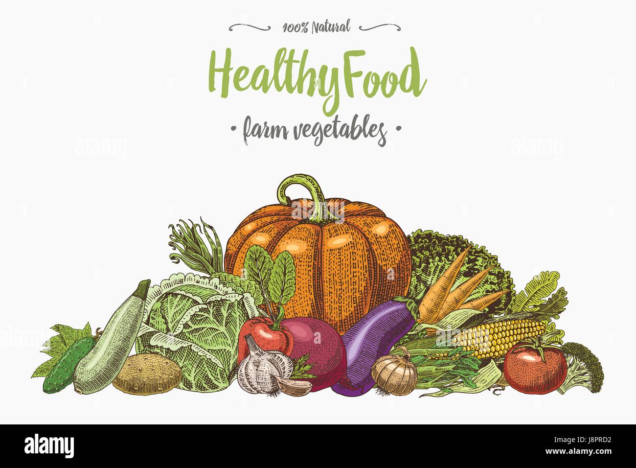 Fresh vegetables background with space for text, hand drawn or engraved ...
