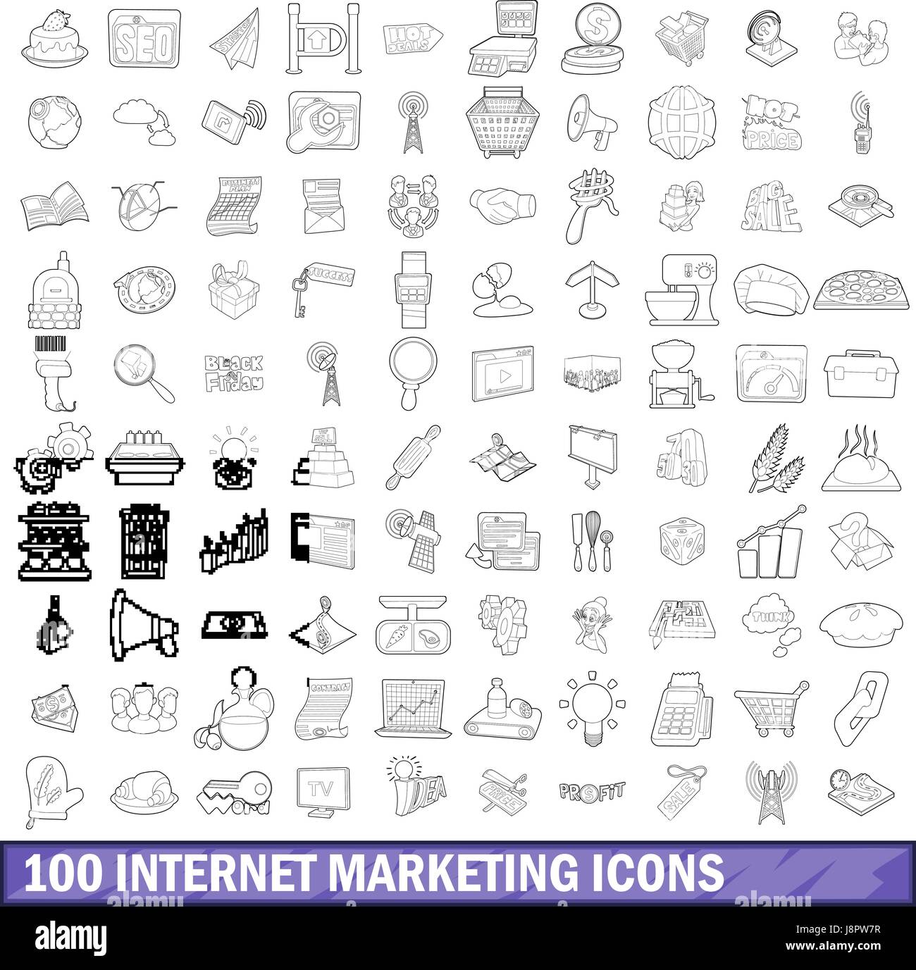 100 internet marketing icons set, outline style Stock Vector Image ...