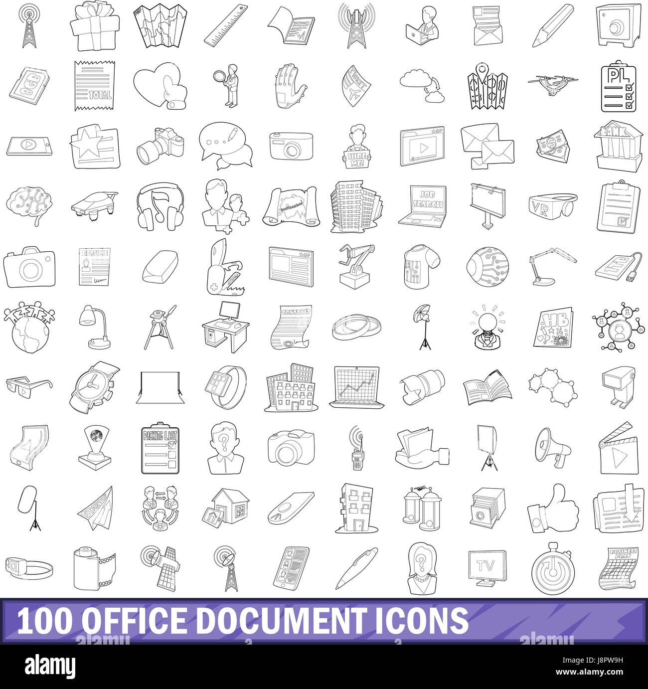 100 office document icons set, outline style Stock Vector Image & Art ...