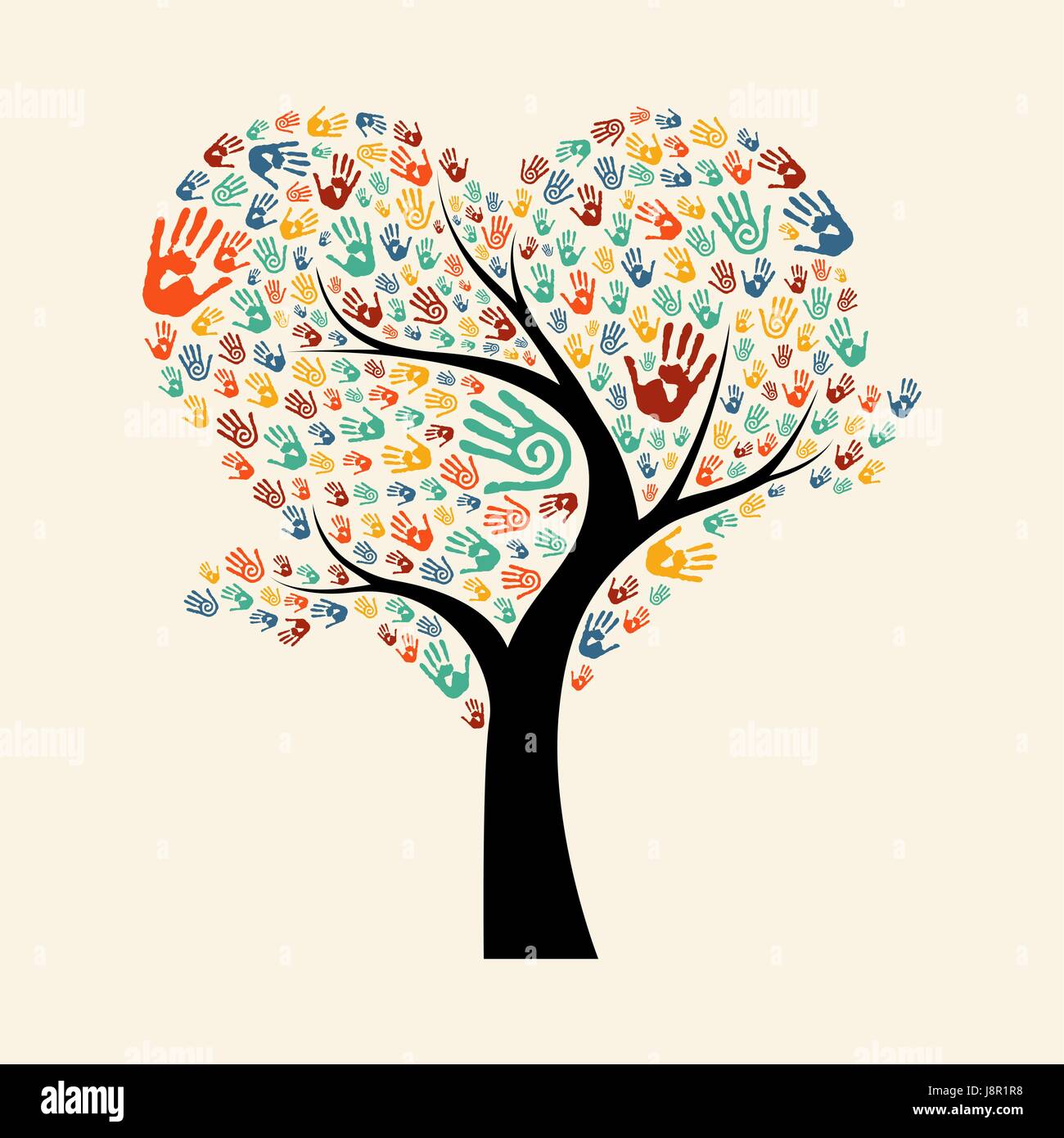 Tree made of diverse color hand prints in heart shape. Community help ...