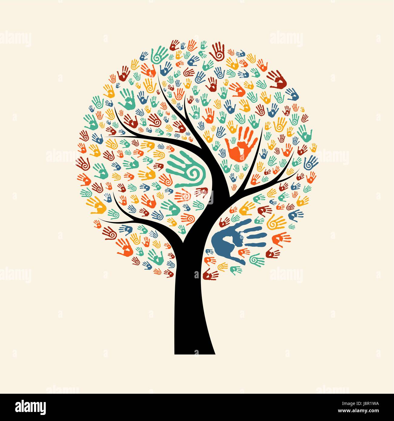 Tree hands of colorful diverse community. Isolated concept illustration ...