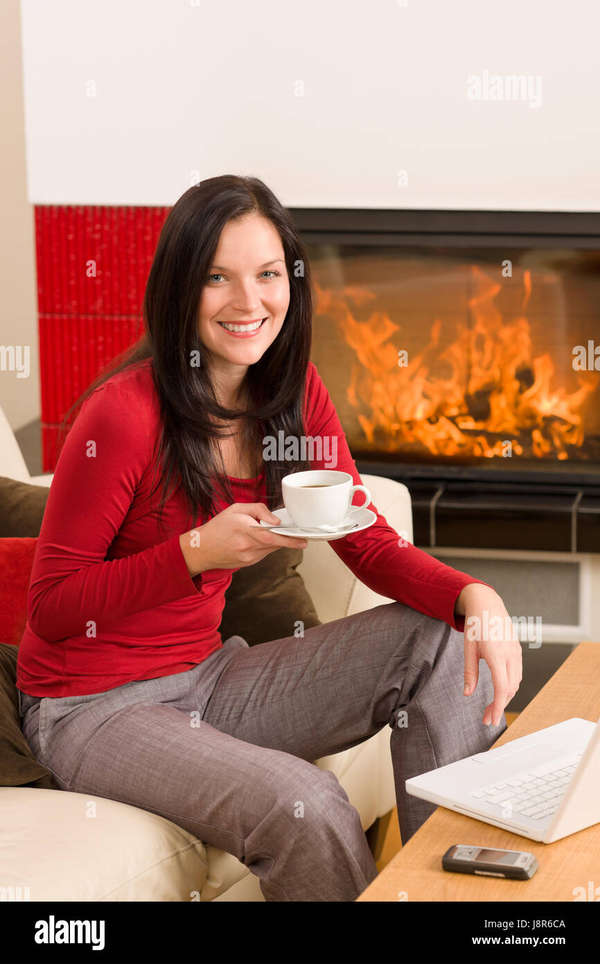 woman, lifestyle, relaxation, fireplace, stove, burning, young, younger ...