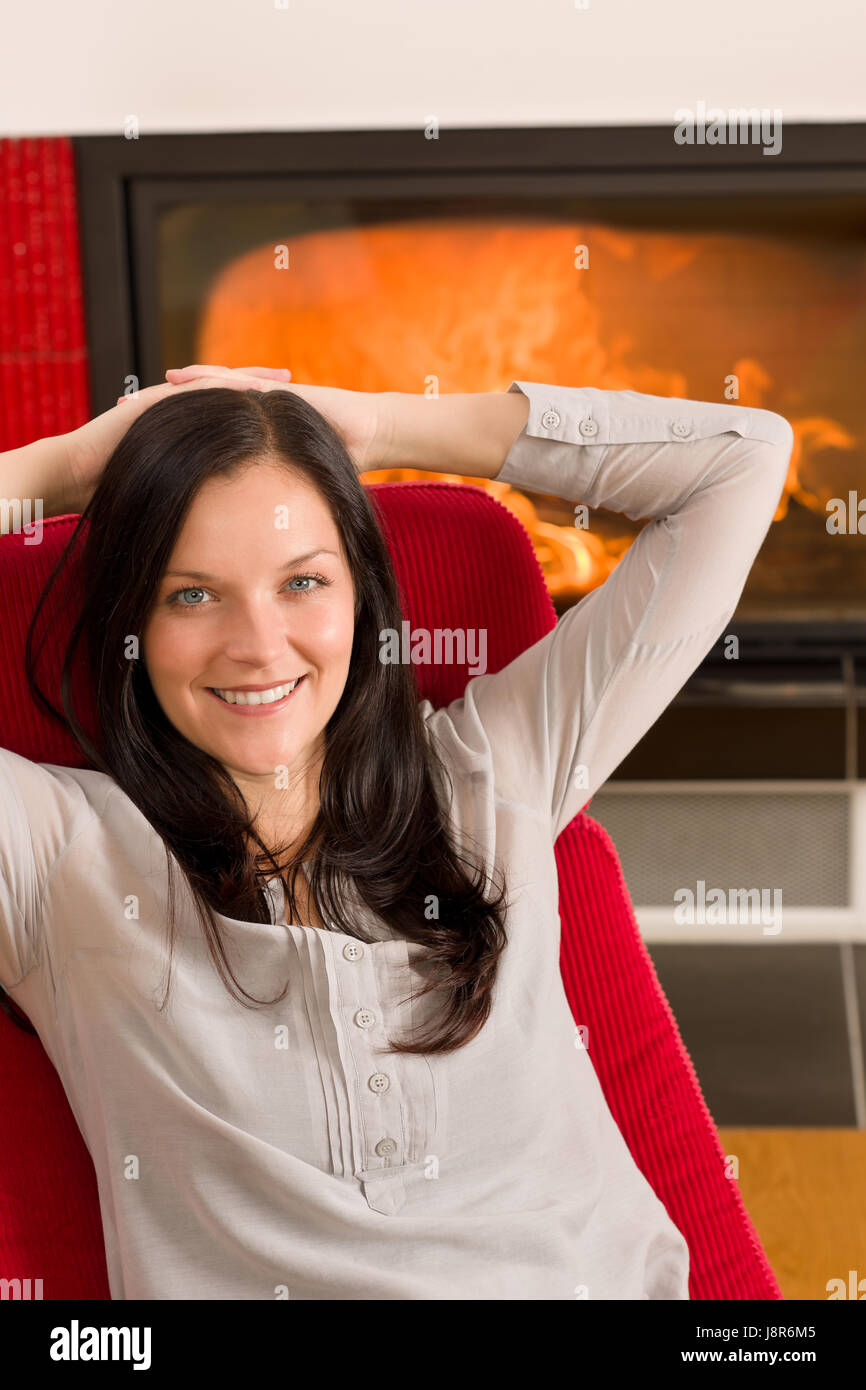 woman, lifestyle, relaxation, fireplace, stove, luxury, expenditure ...