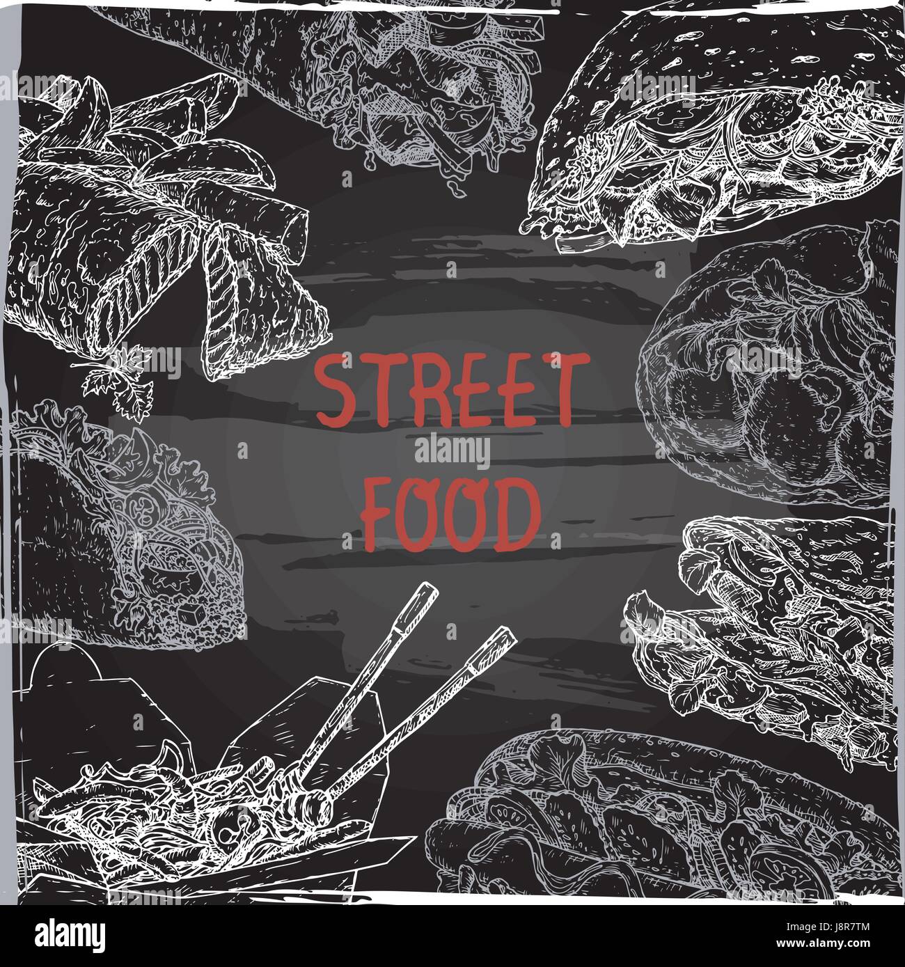 Street food template with sketches of traditional dishes on blackboard ...