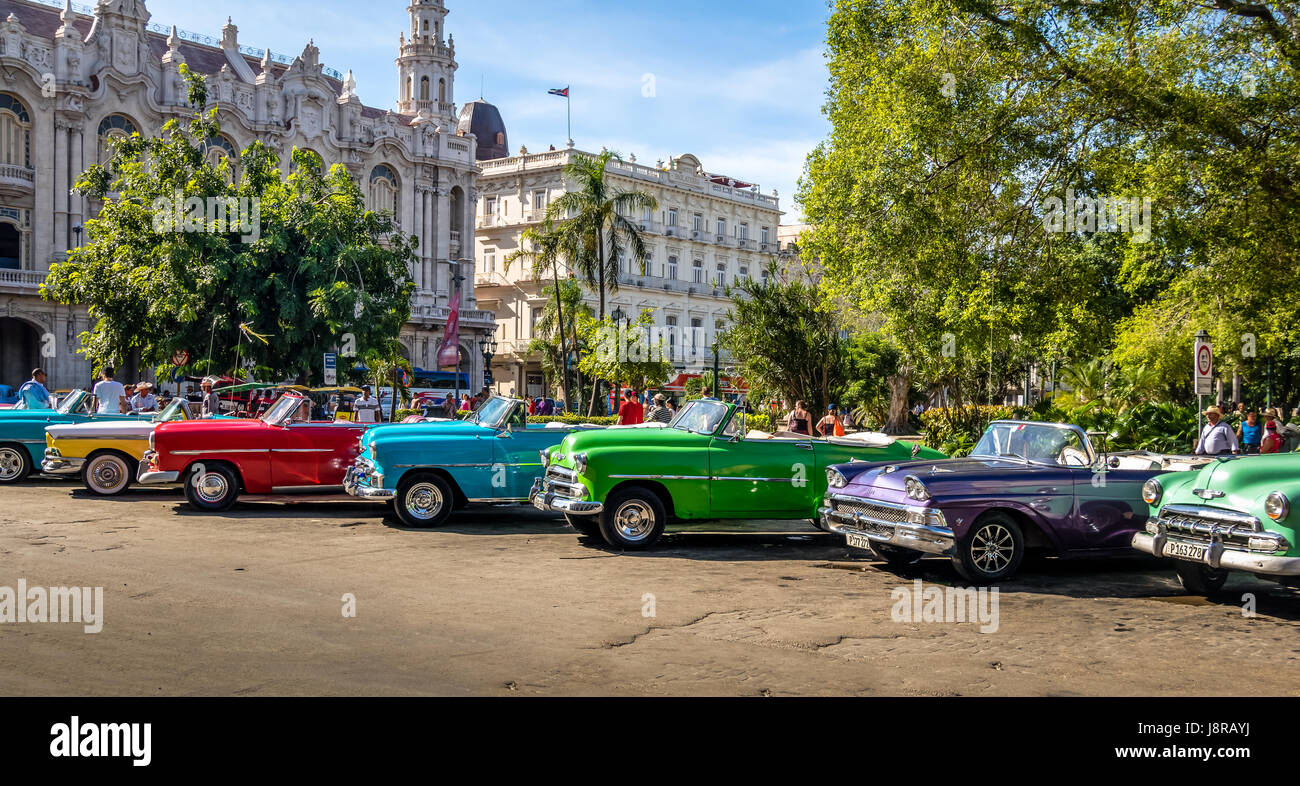 Cuban colorful vintage cars in front of the Gran Teatro - Havana, Cuba ...